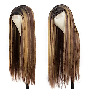 AISI HAIR Highlights Omber Blonde Wig for Women Synthetic Long Straight Hair Mixed Blonde Synthetic Hair Full Wig for Daily Use