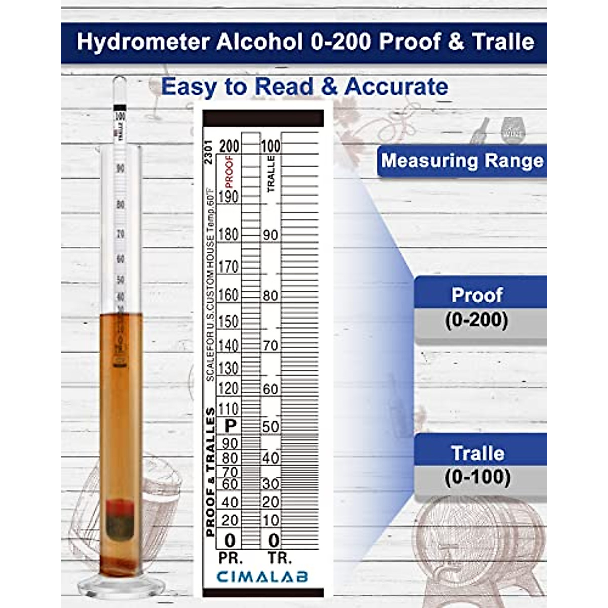 Cimalab Hydrometer Alcohol Meter, Hydrometer Alcohol 0-200 Proof and Tralle Hydrometer, Alcohol Proof Tester for Liquor/Moonshine/Proofing Distilled/Spirits/Distilled Alcohol Proof