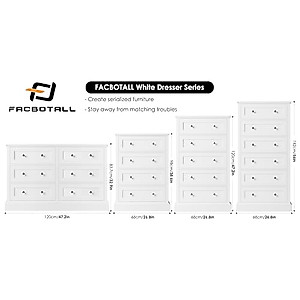 FACBOTALL 5 Drawer Dresser, 47.2" Tall White Dresser with 5 Drawers, Chest of Drawers Cabinet Wood Dresser for Hallway Living Room