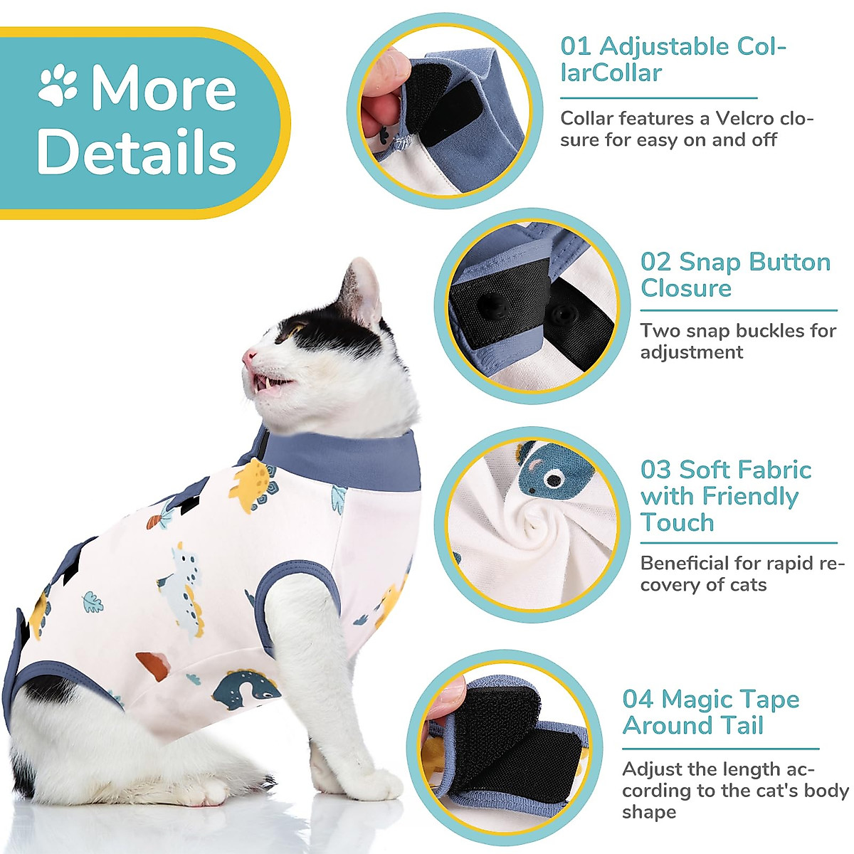 SUNFURA Cat Recovery Suit, Breathable Cat Surgery Recovery Suit Kitten Onesie for Cats After Surgery, Cat Surgical Spay Suit Male Female E-Collar Alternative Anti Licking Wounds, Blue L