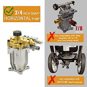 Surmountway Horizontal 3/4" Shaft Pressure Washer Pump, MAX 3400 PSI 2.5 GPM Replacement Power Washer Pumps, Brass Head Power Washer Pump Fits Honda, B&S, Homelite, Waspper etc Gas Engine Power Washer