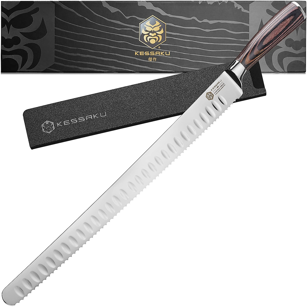 KESSAKU 14-Inch Slicing Carving Knife - Samurai Series - Serrated Granton Edge - Forged High Carbon 7Cr17MoV Stainless Steel - Pakkawood Handle with Blade Guard
