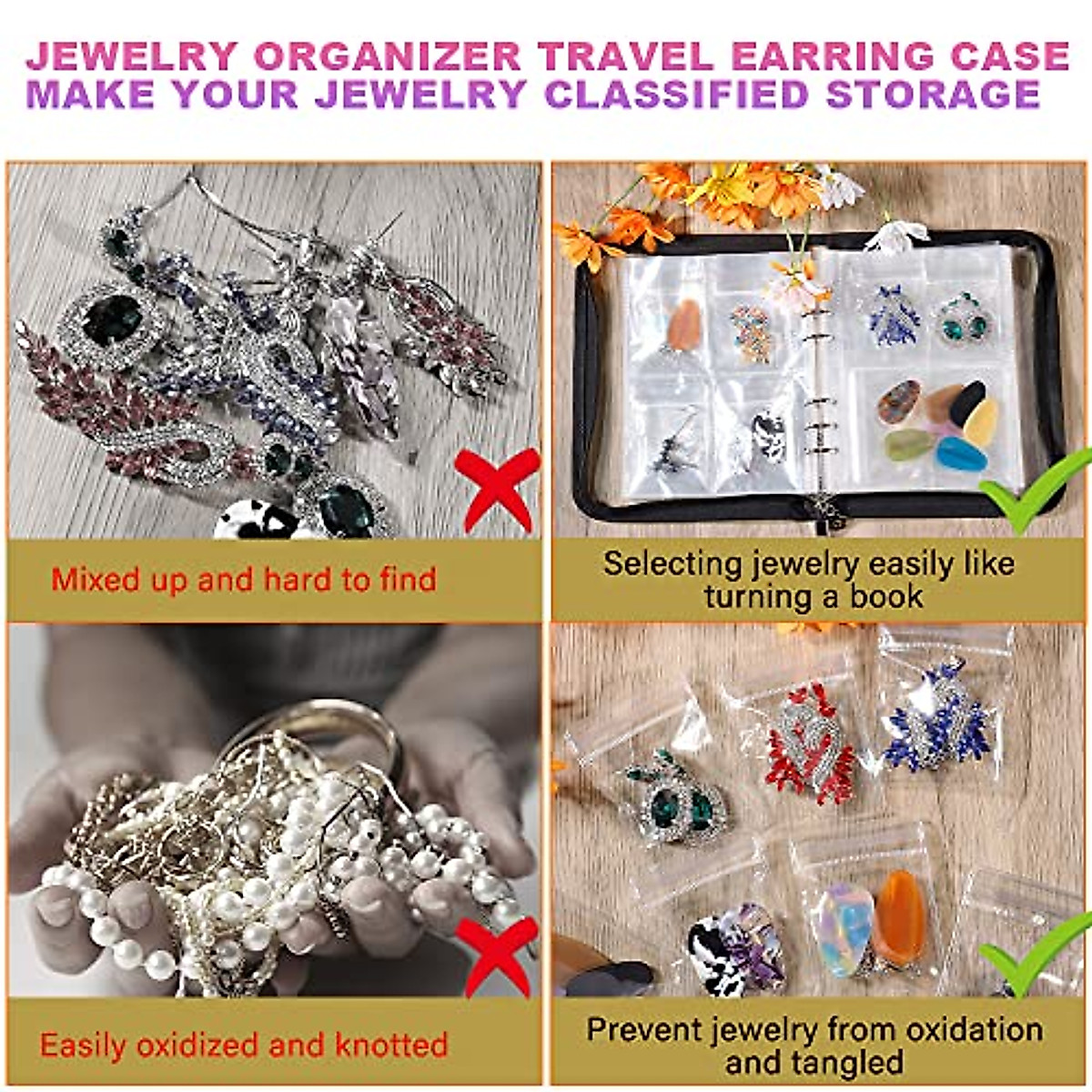 Transparent Jewelry Storage Book Earring Organizer, Jewelry Organizer Travel Earring Case Album Jewelry Container Jewelry Bags, Make Jewelry Organized and Prevent Oxidation(70 Grids+60 Zipper Bags)