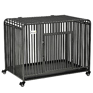 PawHut Foldable Heavy Duty Dog Cage, Chew Proof Dog Crate on Wheels, Portable Dog Crate Kennel with Removable Tray, Large and Medium Pups, 43"