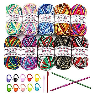 JOYTAG 10 Acrylic Yarn Skeins,Multicolor Crochet Craft Yarn for Crocheting and Knitting,with Crochet Hooks Knitting Needles Stitch Markers,Crochet Yarn Starter Kit for Beginners(650 Yard/250g)