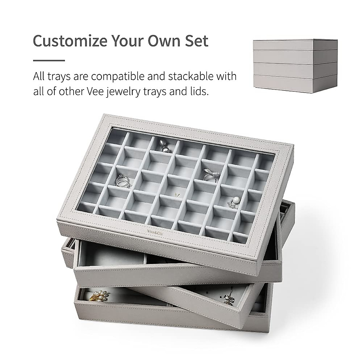 VEE&CO. Stackable Jewelry Organizer Trays for Drawers, Jewelry Drawer Inserts Container Display Case Storage for Earring Necklace Rings Bracelet with Removable Dividers