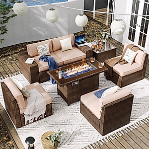 Aoxun 7 Pieces Patio Furniture Set Outdoor Wicker Rattan Furniture 44” Fire Pit Table Outdoor Sectional Sofa Include Waterproof Cover with Thickened Cushions (7 Piece, Beige)