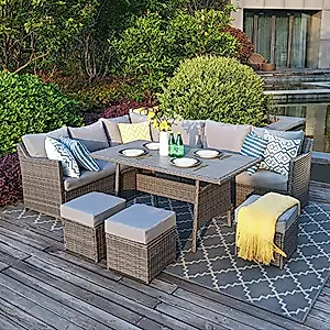 Patiorama 7 Pieces Patio Furniture Set, All Weather Grey Wicker Rattan Conversation Set, Outdoor Dining Sectional Sofa Set, w/Table Chair Ottomans, Plastic Wood Top for Garden Pool Deck-Grey Cushion