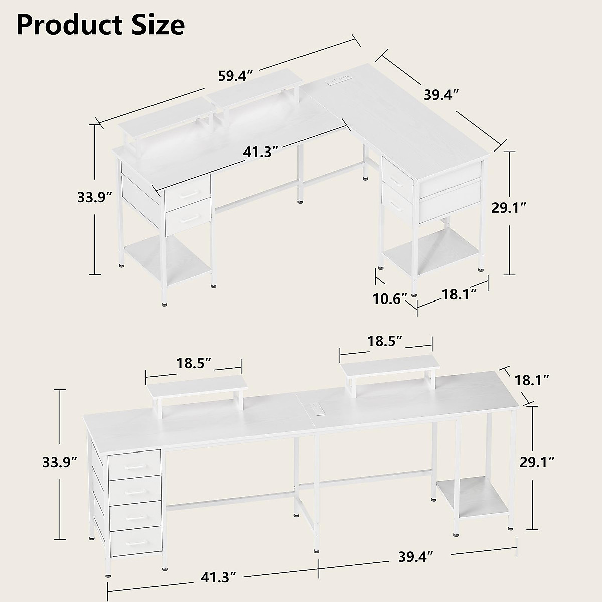 Korfile L Shaped Computer Desk with Power Outlets, Home Office Desk with 4 Adjustable Storage Drawers, Corner Desk with 2 Monitor Stands, Two Person Gaming Desk for Bedroom, 59 inch, White