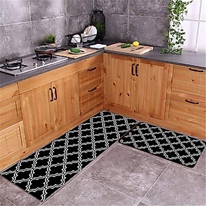 Kitchen Rug Mats Made of 95% Polypropylene 2 Pieces Soft Kitchen Mat for Kitchen, Floor Home, Office, Sink, Laundry,Specialized in Anti Slippery and Machine Washable(16"x48"+16"x24") (Black)