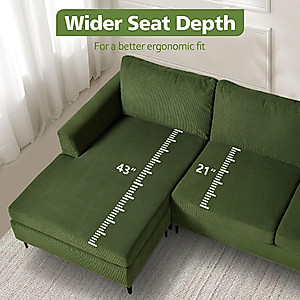 POUUIN 96" Corduroy Sectional Sofa Couch,L Shape Couches for Living Room,3 Seat Reversible Chaise Sofa Convertible Lounge Corner Sofa Living Room Furniture Set (Green)