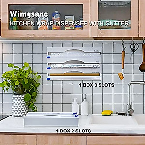 Wimgsanc 3 in 1 Refillable Plastic Wrap Dispenser with Cutter, Acrylic Roll Organizer Holder for Wax Paper, Parchment Paper, Aluminum Foil and Plastic Wrap Organization, Compatible with 12'' Roll