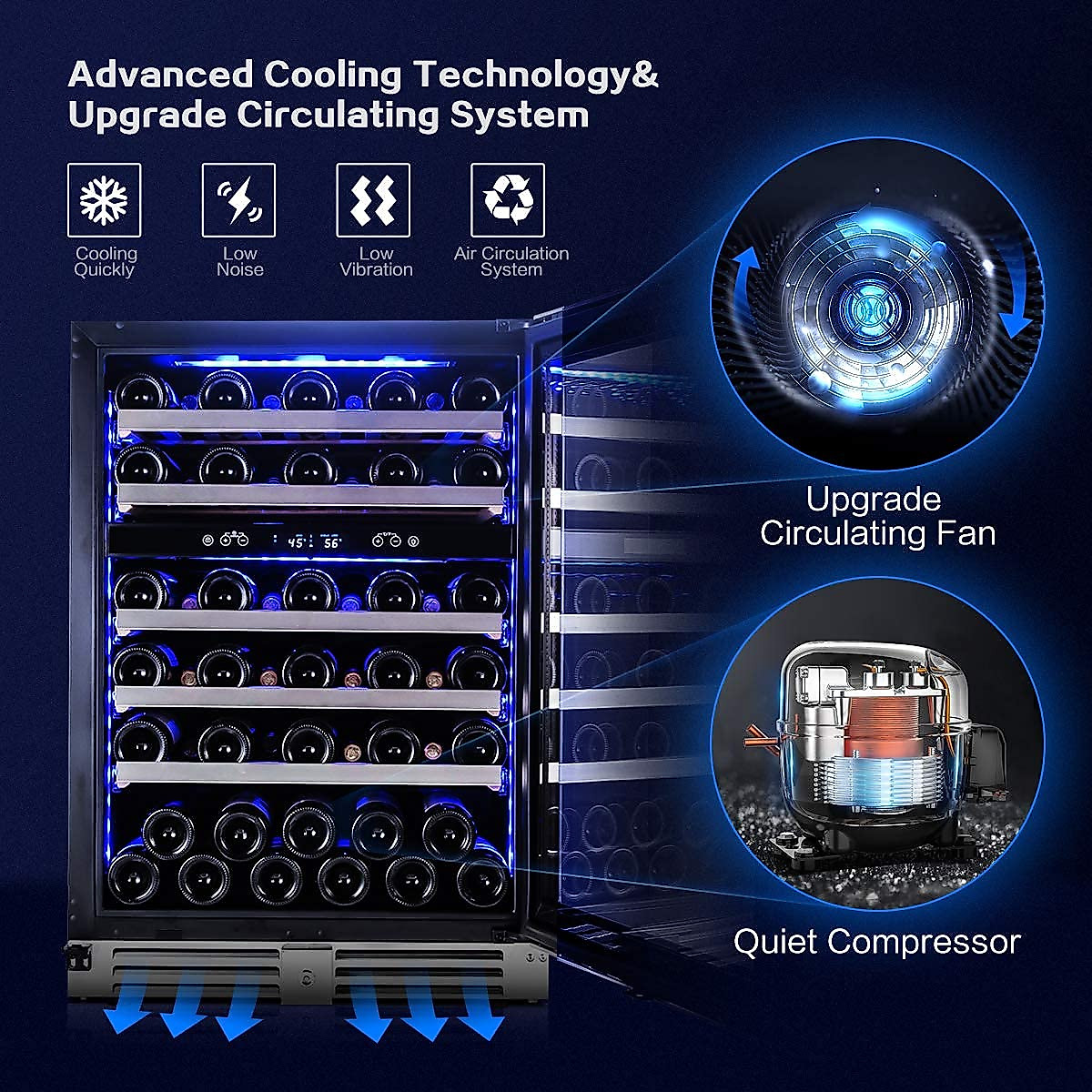 BODEGA 24 Inch Wine Cooler,56 Bottle Wine Refrigerator Dual Zone, Built-In and Freestanding Wine Fridge,with Quick and Silent Cooling System for Red, Rose and Sparkling Wines,Stylish Look