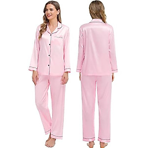 LecGee Couples Matching Pajamas Set Button Down Sleepwear Long Sleeve Loungewear Silky Satin 2 Piece Pjs Men/Women Pink Large