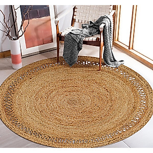 Bedding Craft Hand Woven Farmhouse Jute Area Rug 4 Ft Round Natural Yarn, Rustic Vintage Beige Braided Reversible Rug, Eco Friendly Rugs for Bedroom, Kitchen, Living Room, Farmhouse 100% Jute Rug