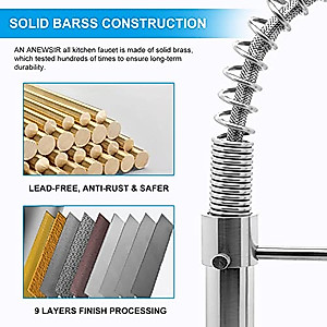 Silver Kitchen Faucet Commercial Solid Brass Brushed Nickel Kitchen Tap - 3 Spray Modes Kitchen Sink Faucets, Single Handle 360º Swivel Single Hole Kitchen Faucet