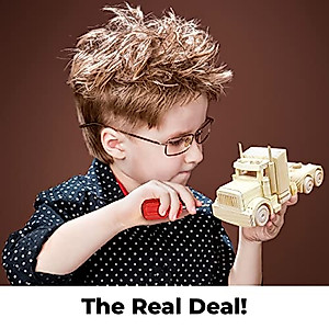 Kraftic Woodworking Building Kit for Kids and Adults, 3 Educational DIY Carpentry Construction Wood Model Kit Toy Projects for Boys and Girls - Build a Wooden Military Jet Race Car and Tractor Trailer