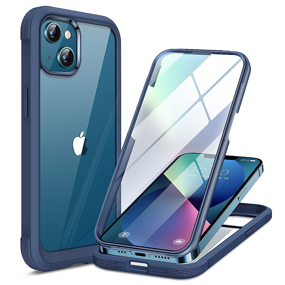 Miracase Compatible with iPhone 13 Mini case 5.4 inch, 2023 Upgrade Full-Body Glass Clear Case Bumper Case with Built-in 9H Tempered Glass Screen Protector for iPhone 13 Mini, Dark Blue