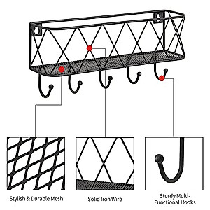 Snughome Entryway Mail Holder with Key Hooks for Wall, 11’’L Wall Mounted Matte Black Metal Wire Mesh Storage Basket with Holders for Organize Letters, Magazines, Keys, Leashes(Matte Black)