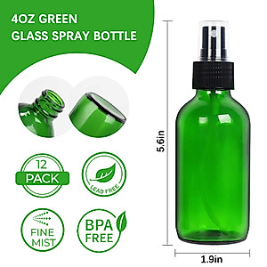 STARSIDE 12 Pack 120 ml 4oz Green Glass Spray Bottles with Fine Mist Sprayer & Dust Cap for Essential Oils, Perfumes,Cleaning Products.Included 1 Brush,2 Funnels,2 Droppers & 18 Labels.