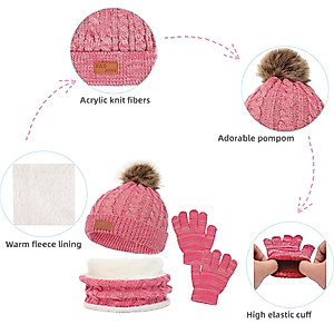 Kids Winter Hat Gloves Scarf Set for 2-6 Years Old Boy Girl Toddler Winter Knit Pompom Beanie Hats Cap Neck Warmer Gloves,rose red-1