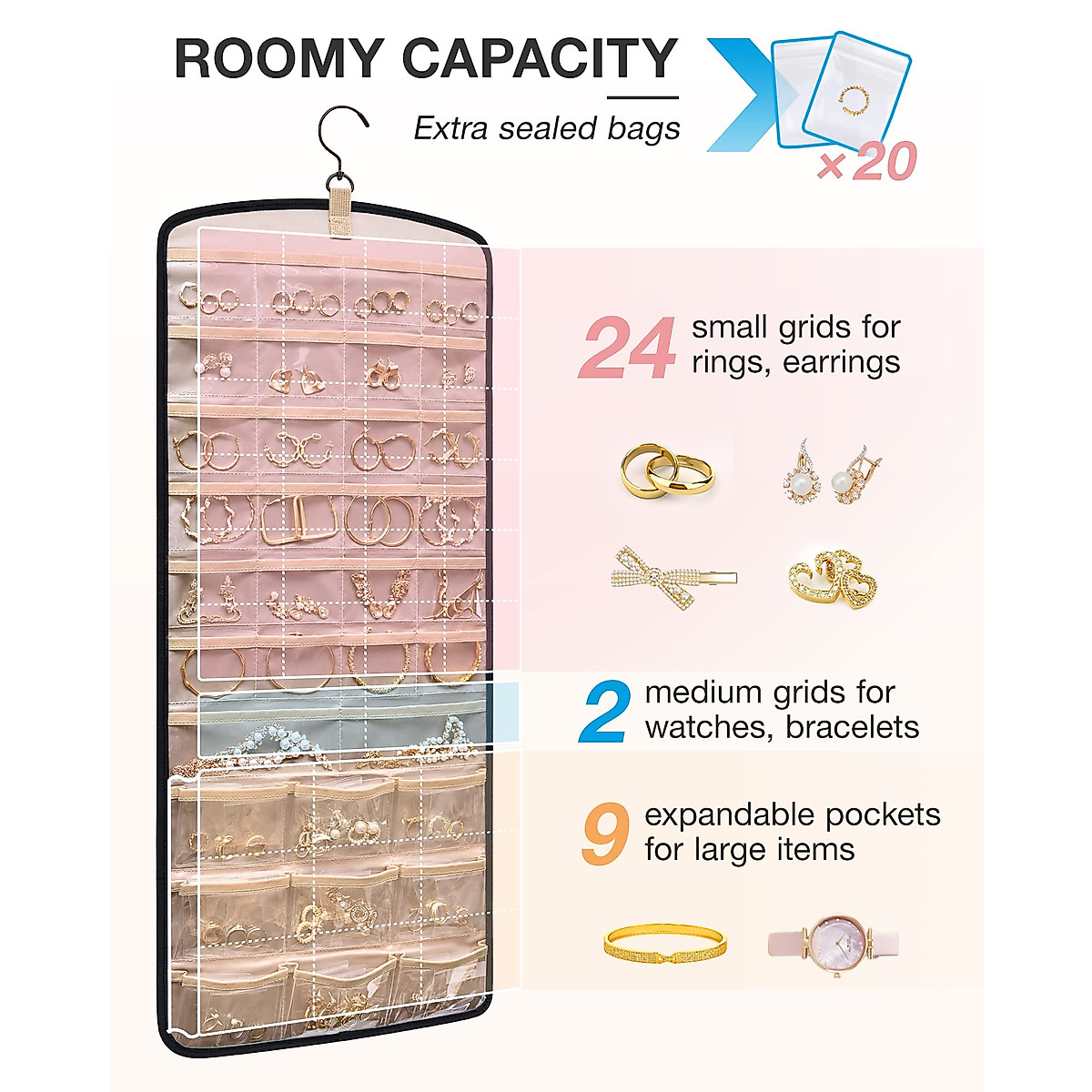 BAGSMART Hanging Jewelry Organizer, Necklace Holder Anti-tangle Earrings Rings Hanger with 20 Jewelry Bags Travel Storage Roll with Pockets Hang on Closet, Wall, Door,1 Piece, Large, Black