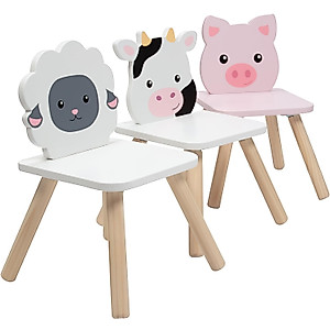 Kids Wooden Animal Table & Chair Set w 4 Seats- Cow Pig Sheep plus Adult Stool for Arts Crafts, Dining, Pretend Play- Durable Playroom Furniture for Home, Daycare Classroom- Toddler Children Xmas Gift