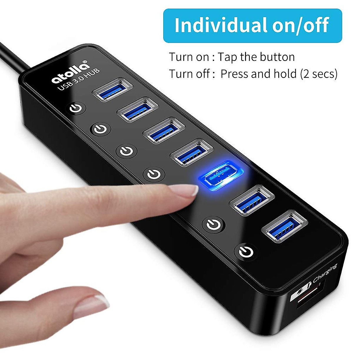 Powered USB Hub 3.0, Atolla 7-Port USB Data Hub Splitter with One Smart Charging Port and Individual On/Off Switches and 5V/4A Power Adapter USB Extension for MacBook, Mac Pro/Mini and More.