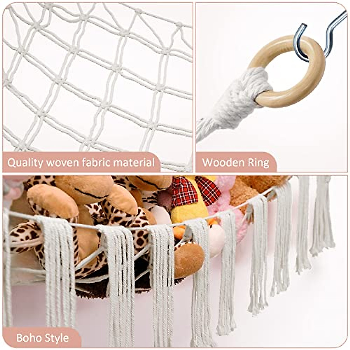 2 Pack Stuffed Animal Toy Hammock Net Macrame Boho Toy Hammock Hanging Stuff Animals Storage Organizer Large Stuffed Toys Corner Mesh Hammock with Hooks and Screw for Nursery Play Bedroom Kid Room
