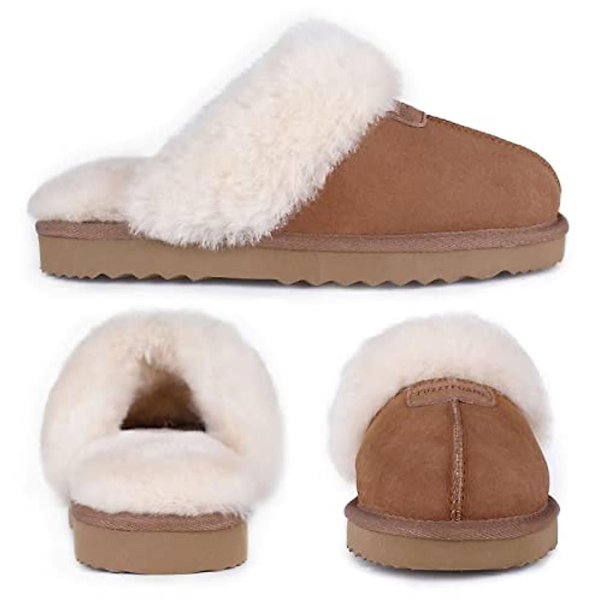 FUZZYFOAMS Genuine Australian Sheepskin Women Slippers Memory Foam Shearling Slipper Water Resistant Warm and Fluffy Indoor Outdoor House Shoes U822YMBT901.SY-Dark Chesnut-39