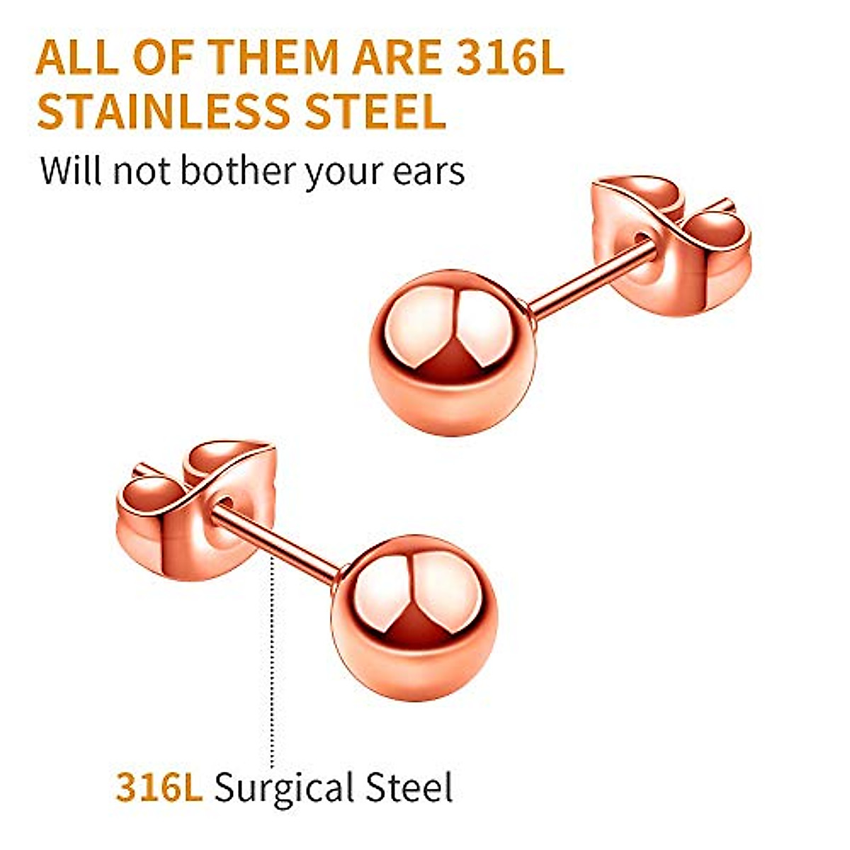 UHIBROS Hypoallergenic Studs Earrings 316L Surgical Stainless Steel Earrings Round Ball Earring for Women Men 5 Pairs Assorted Sizes(4mm-8mm)