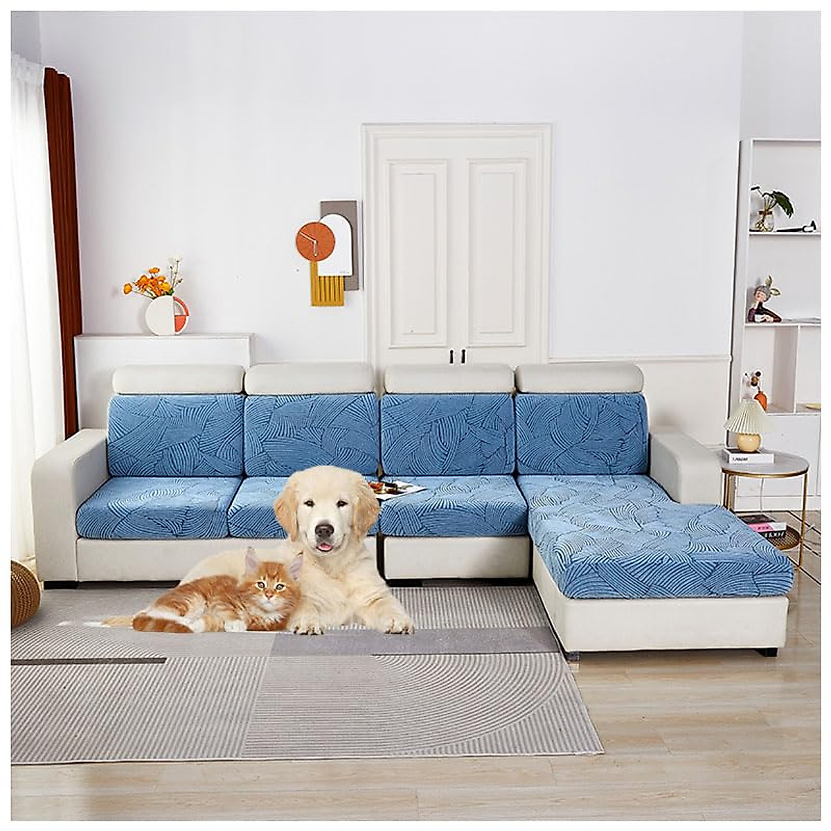 GORHLady Sofa Seat Cushion Covers Highly Elastic 1 2 3 4 Seater L-Shape Non-Slip Sofa Covers Replacement Elastic Furniture Protectors with Bottom Elastic Protectors 4-Seater Blue
