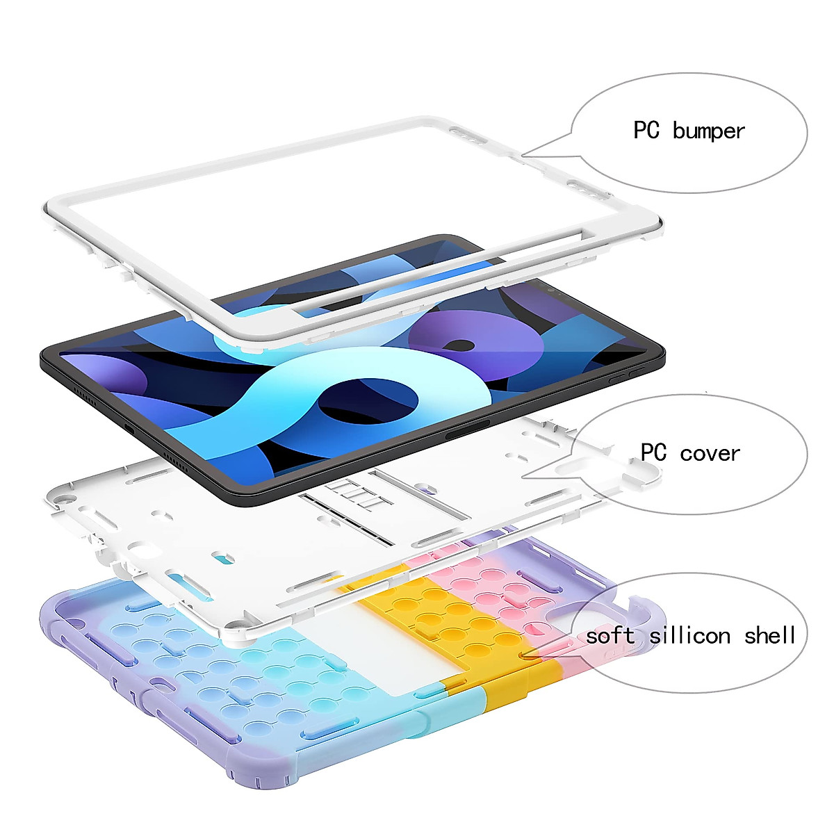 XZC for iPad Air 5th Generation Case 2022/ iPad Air Case 4th Generation 2020 10.9 Inch, iPad Pro 11 inch Case 2018 2020 2021 Shockproof Cover with Pencil Holder Kickstand Shoulder Strap (Rainbow 2)