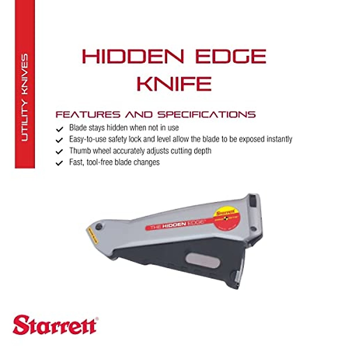 Starrett Hidden Edge Utility Knife with Easy to Use Safety Lock and Level for Fast, Tool-Free Blade Changes - Retractable Lever Action, Aluminum Case Material - S011