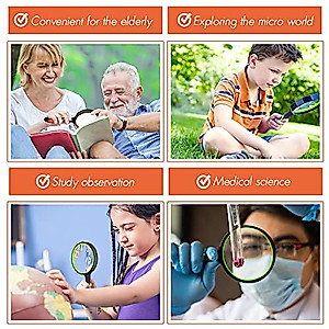 Leffis 2 Pack 10X Magnifying Glass for Seniors & Kids, Non-Slip Handheld Magnifier for Reading, 75mm Magnify Glasses Lens for Close Work, Science and Hobby Observation（Green and Orange