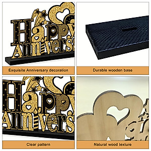 4 Pieces Anniversary Decorations Wooden Table Centerpieces, Black Gold Happy Wedding Anniversary Table Sign Party Supplies, 10th 20th 30th 40th 50th 60th Anniversary Table Decor for Indoor Outdoor