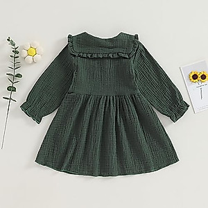 Mialoley Baby Girl Doll Collar Dress Long Sleeve Toddler Solid Color Ruffle A Line Spring Fall Casual Infant Sundress Button (Green, 18-24 Months)
