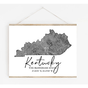Kentucky State Map Wall Art Print - 8x10 Silhouette Decor Print with Coordinates. Makes a Great Bluegrass State-Themed Gift. Shades of Grey, Black & White.