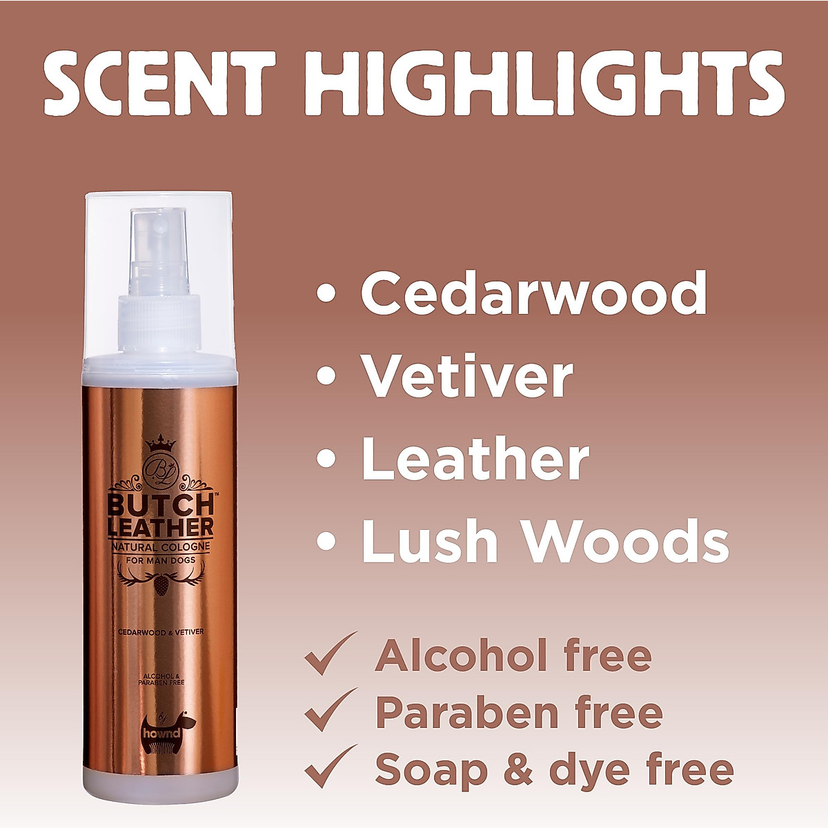 hownd Butch Leather Natural Cologne Deodorizer & Shine Spray For Dogs, Long Lasting, Cedarwood & Vetiver - Freshen Up Between Baths, No Alcohol, Parabens, Soap or Dyes 8.5oz