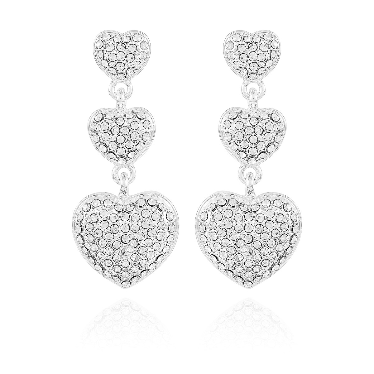 GUESS Silvertone Triple Pave Crystal Glass Stone Heart Linear Dangle Drop Earrings