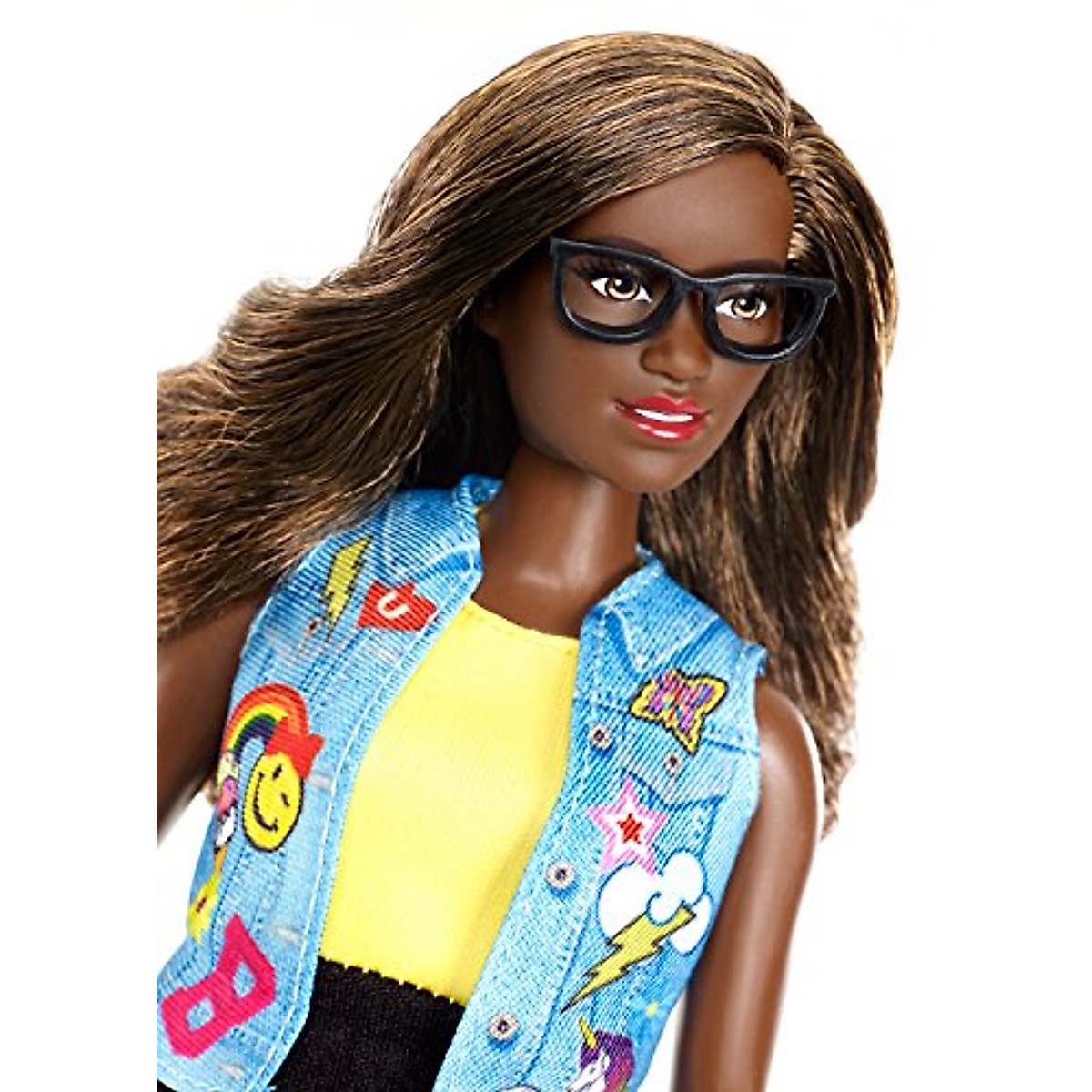 Barbie Curvy African-American Doll in Denim Emoji Vest and Black Skirt