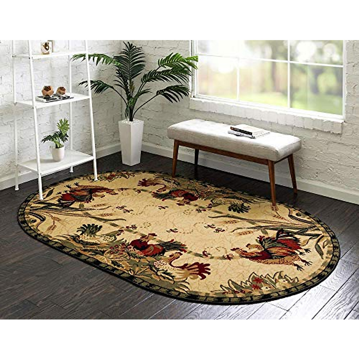Unique Loom Barnyard Collection French Country Inspired Cottage Rooster Design Area Rug (3' 3 x 5' 3 Oval, Ivory/Olive)