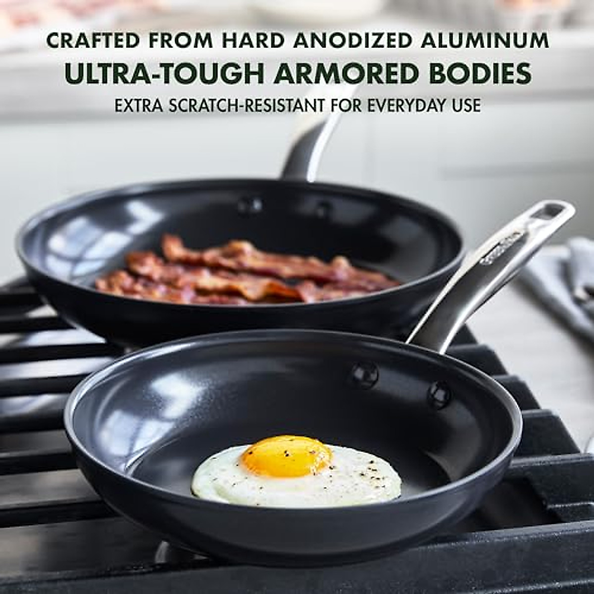 GreenPan Chatham Prime Midnight Hard Anodized Healthy Ceramic Nonstick 8" and 10" Frying Pan Skillet Set, Omelette and Egg Pan, PFAS-Free, Dishwasher Safe, Oven Safe, Black