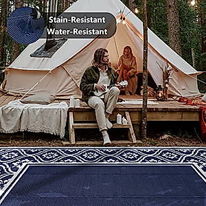 HUGEAR RV Outdoor Rug Waterproof Mat Outdoor Rugs 6'x9' for Patios Clearance Carpet Outdoor Camping Rugs Large Plastic Straw Rug (Lantern Navy Blue&White)