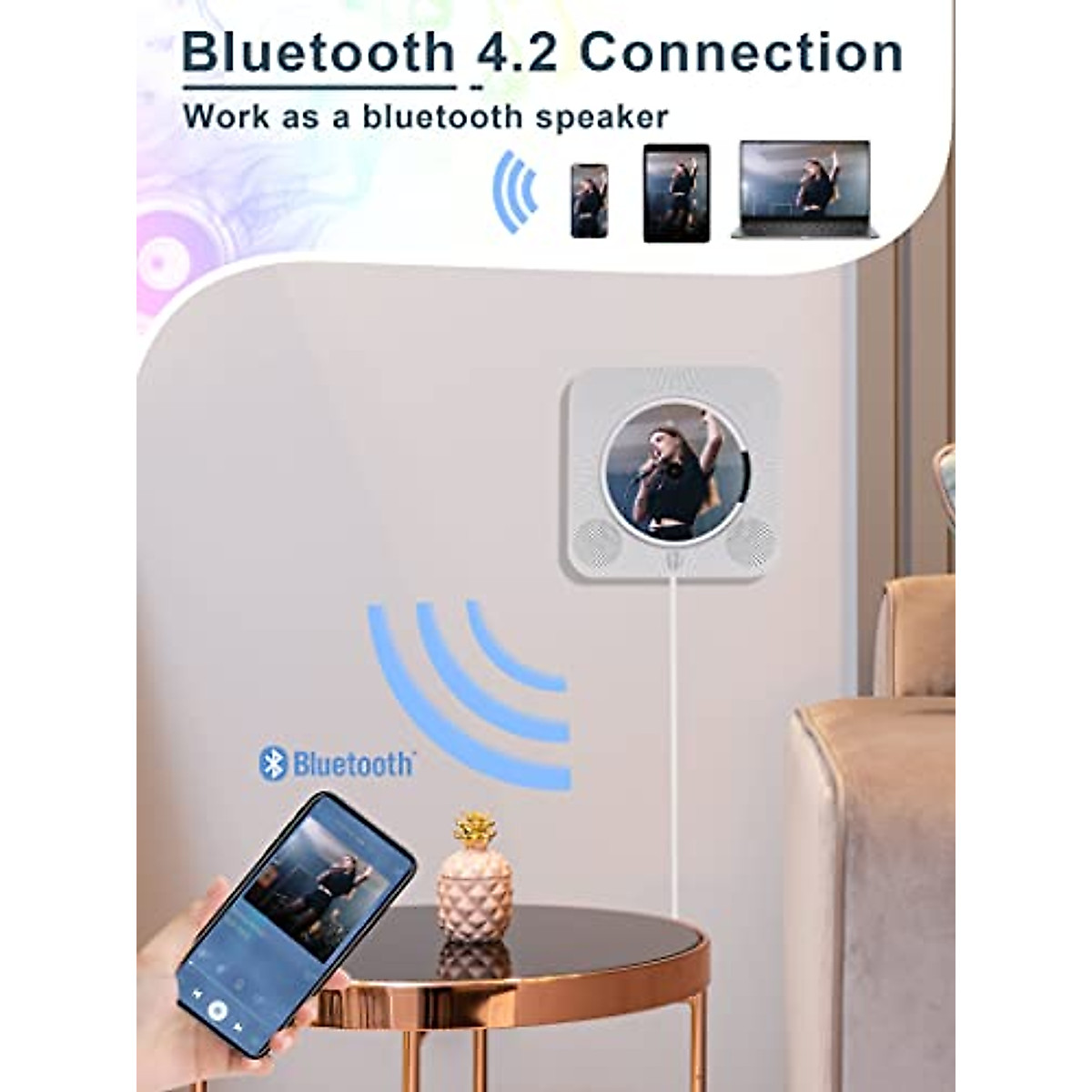 Wall Mountable CD Player - Homlab Bluetooth Desktop CD Player with Speakers, Dust Cover, FM Radio, Anti-Skip Protection, Portable Music Player Home Audio Boombox with LCD Display, Remote, Aux Input