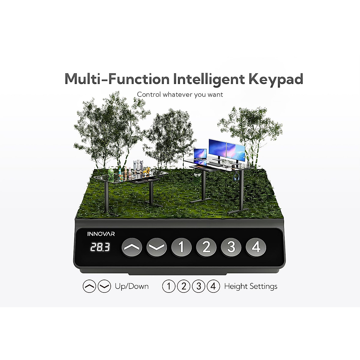 INNOVAR Glass Standing Desk with Drawers, 48×24 Inch Adjustable Stand Up Desk, Quick Install Home Office Computer Desk, Black