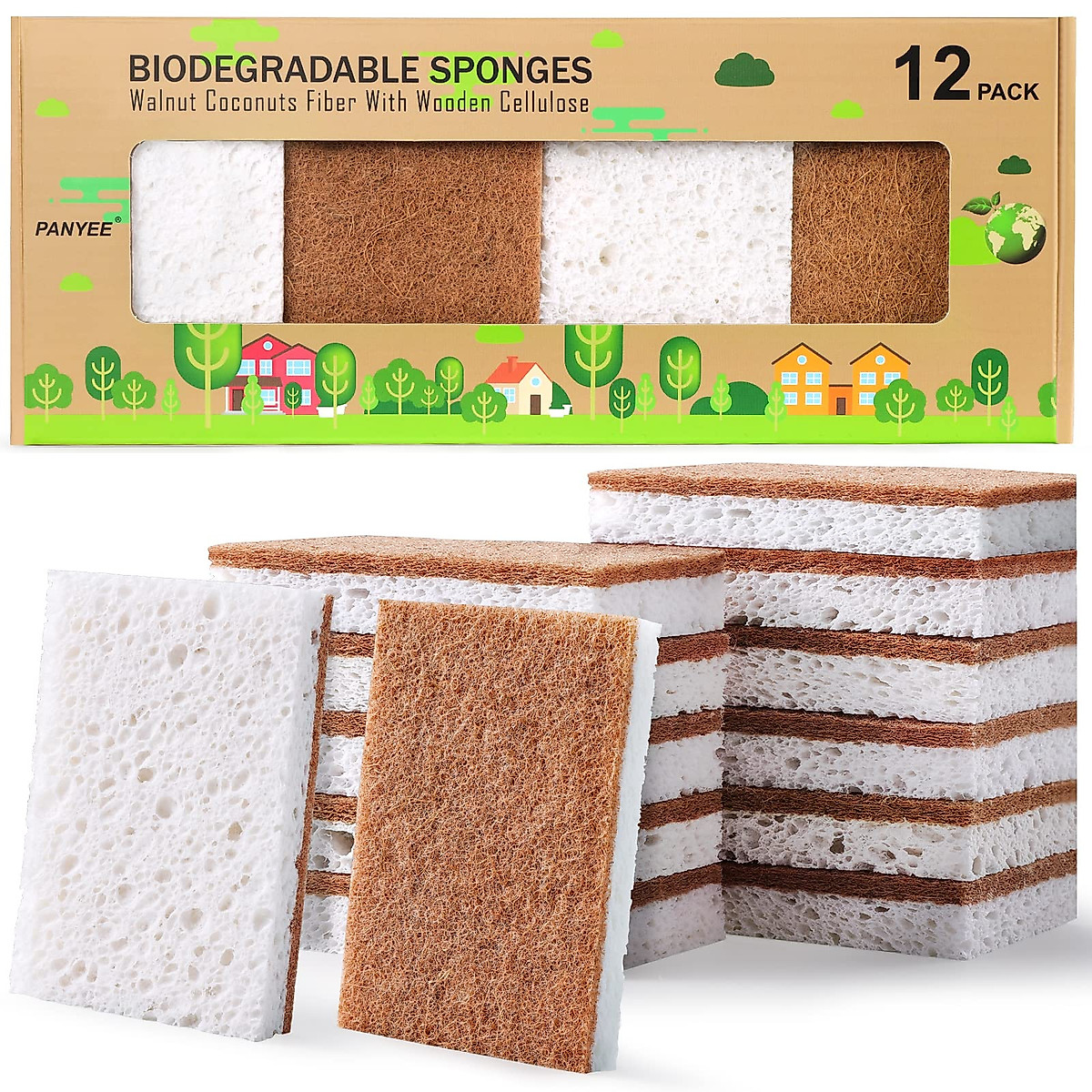 PANYEE Biodegradable Natural Kitchen Sponge，Eco Friendly Sponges for Dishes,Compostable Cellulose Sponge with Natural Plant Based Coconut Walnut Sustainable Scrubber Sponge Pack of 12