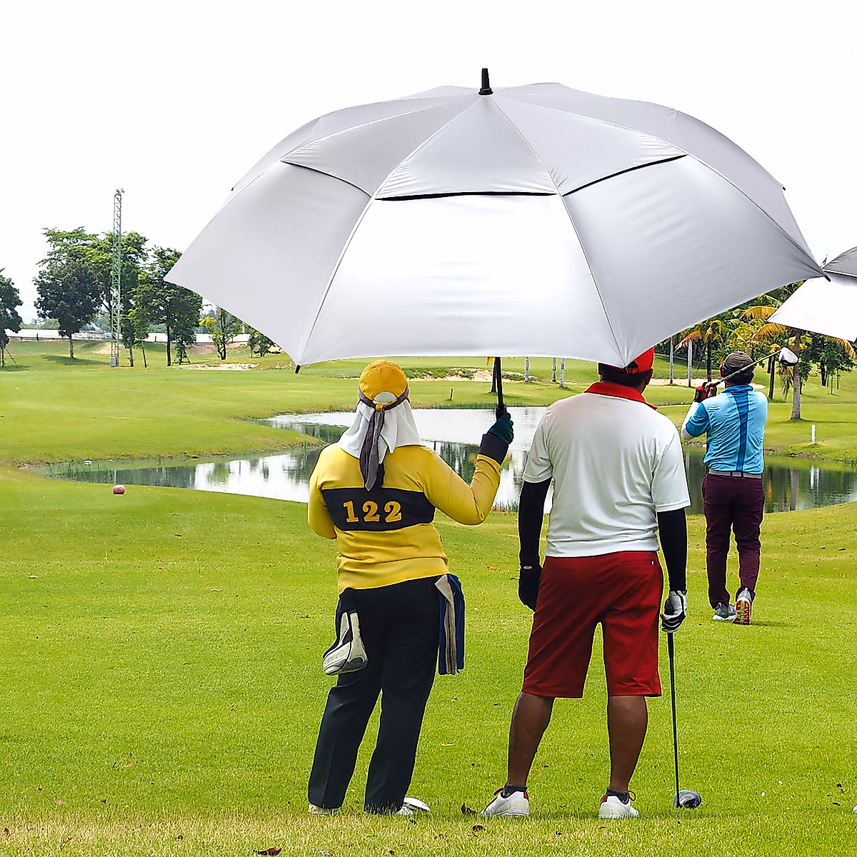 G4Free 72 Inch Huge Golf Umbrella UV Protection Auto Open Windproof Umbrella Oversized Extra Large Vented Double Canopy for Family (Silver/Blue)