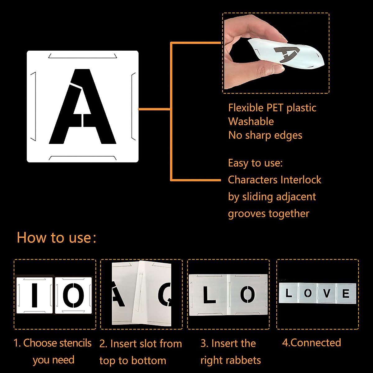 Mossdecal 62pcs Letter Stencils and Numbers 1 Inch, Small Reusable Alphabet Templates Interlocking Stencil Kit for Painting on Wood, Wall, Fabric, Rock, Chalkboard, Sign, Art Craft Stencils
