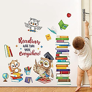 wondever Reading Corner Wall Stickers Owl Books Inspirational Educational Quote Peel and Stick Wall Art Decals for Kids Bedroom Classroom